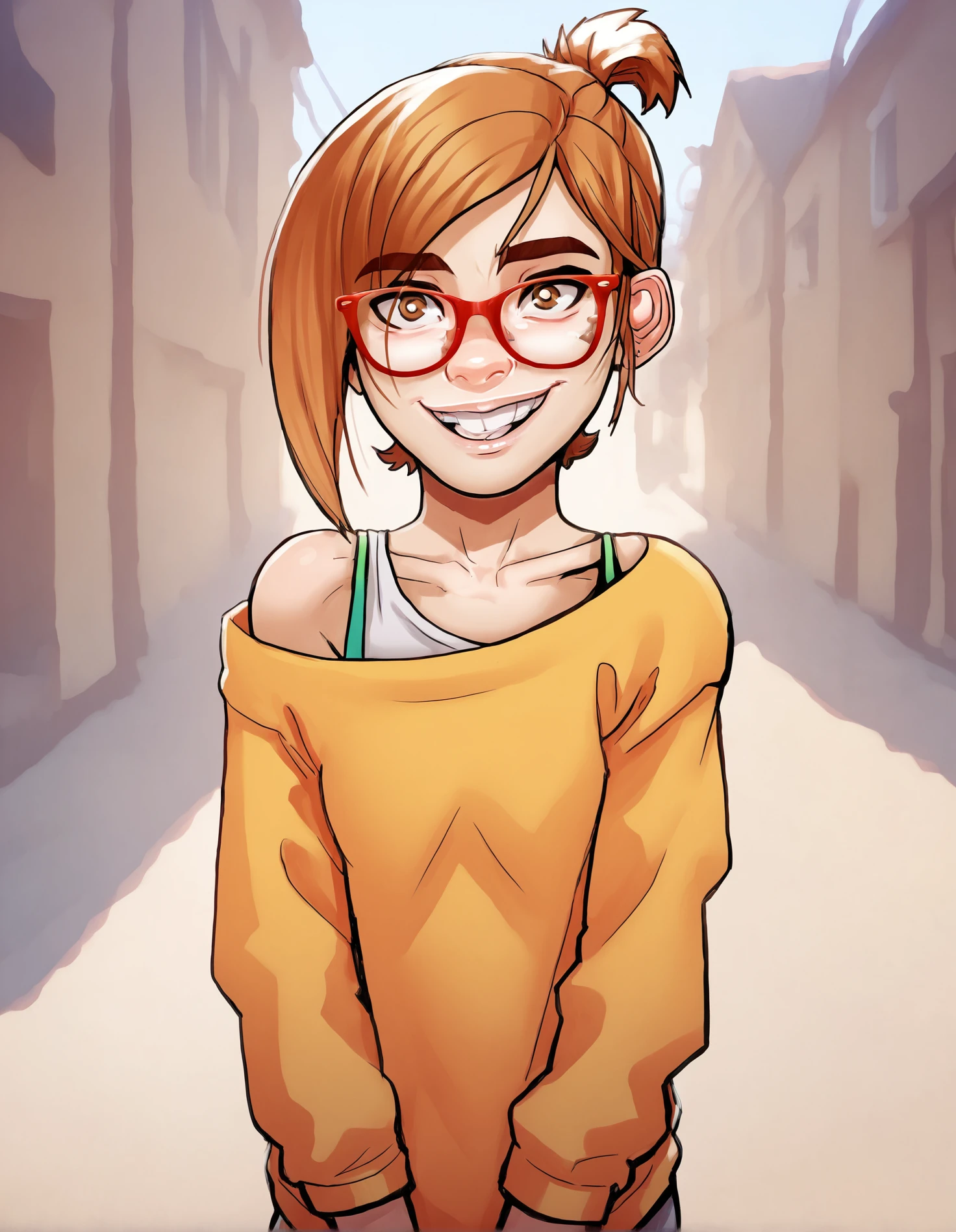 Darcy, teeth, 1girl, glasses, brown hair, solo, brown eyes, smile ...