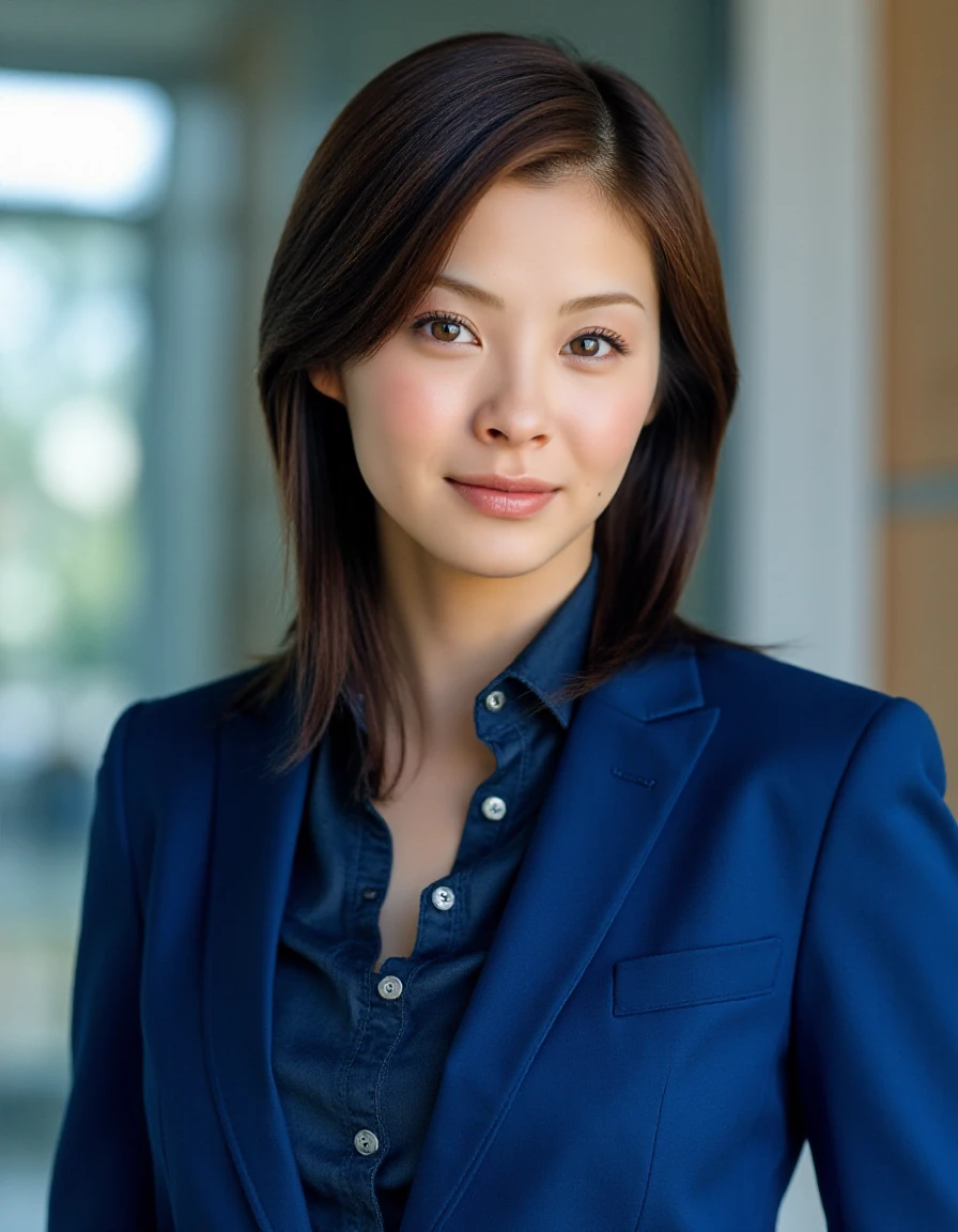 Portrait of Aya Matsuura wearing blue conservative business suit ...