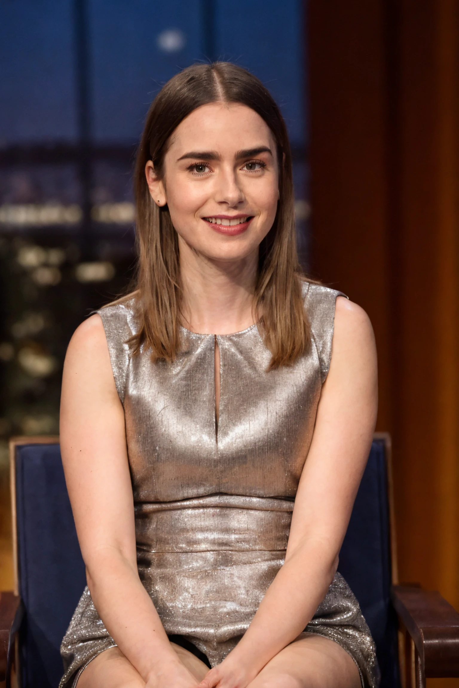 1girl, Actress on late-night show, seated on stage, wearing a stylish ...