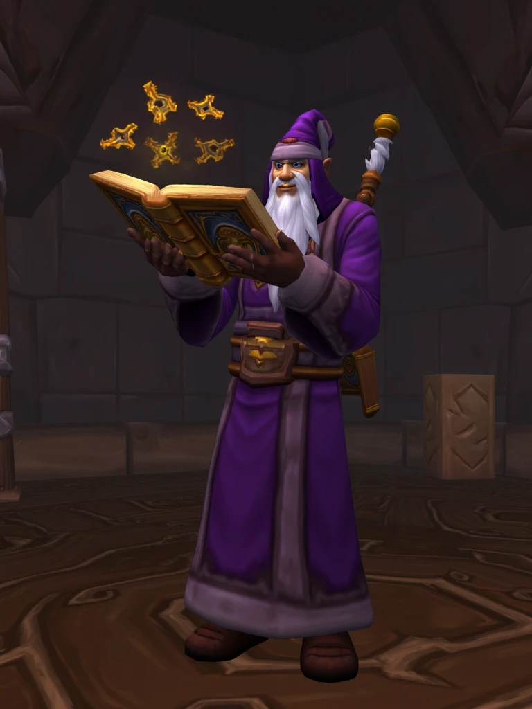 Wowscreen style, videogame screenshot, wizard in purple robe holding ...