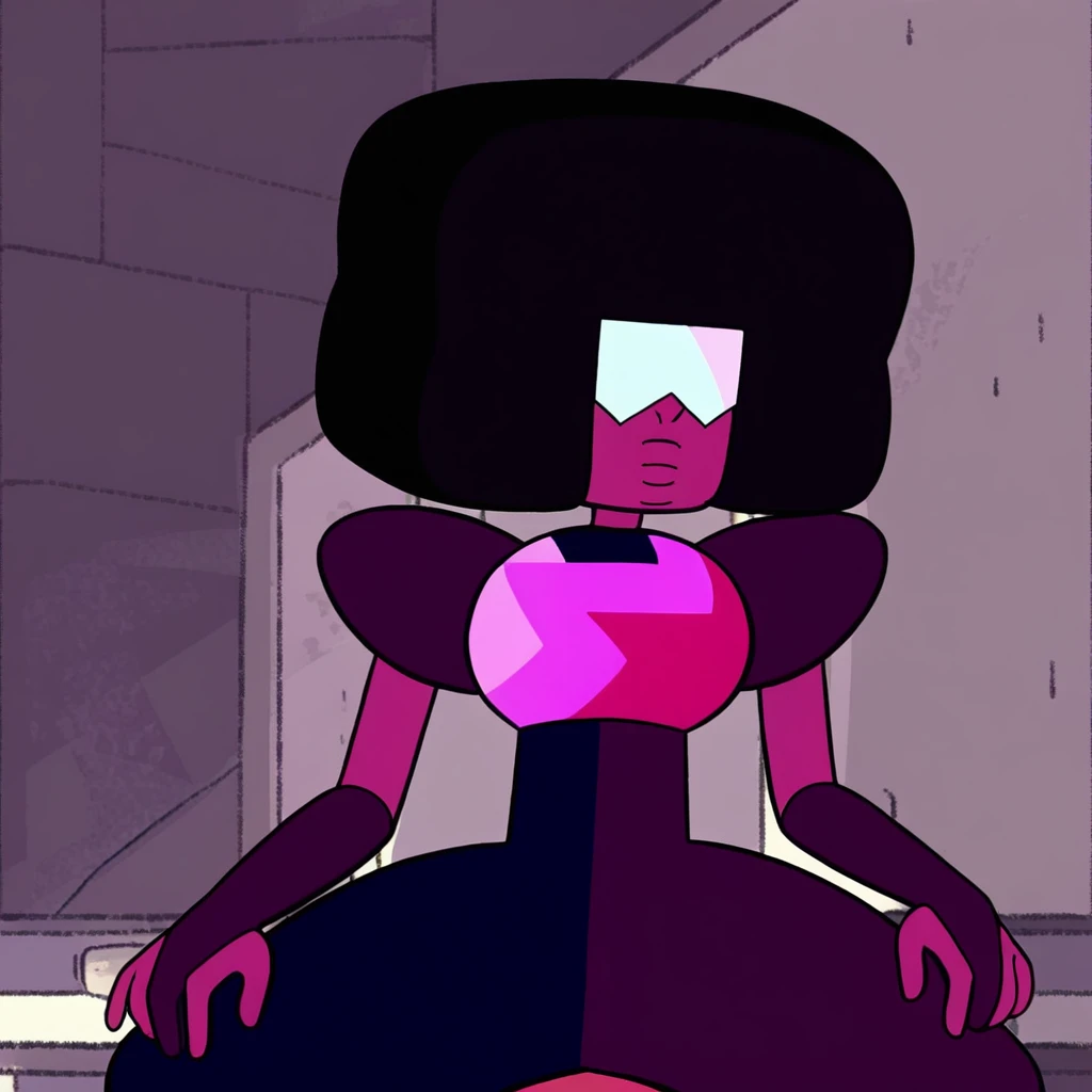 1girl, solo, magneta skinned female, cube-shaped afro, dark one finger ...