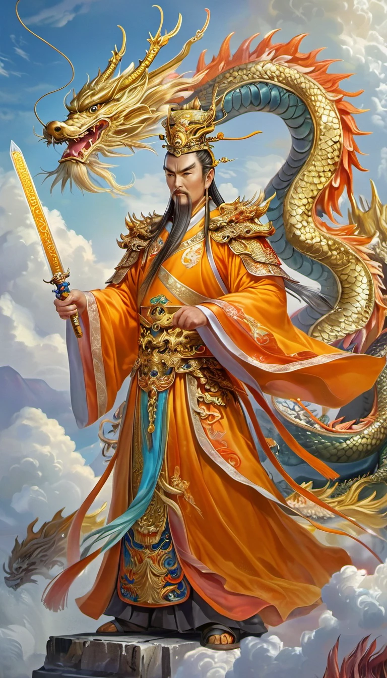 HHZ,An emperor wearing golden and orange robes, a complicated crown on ...