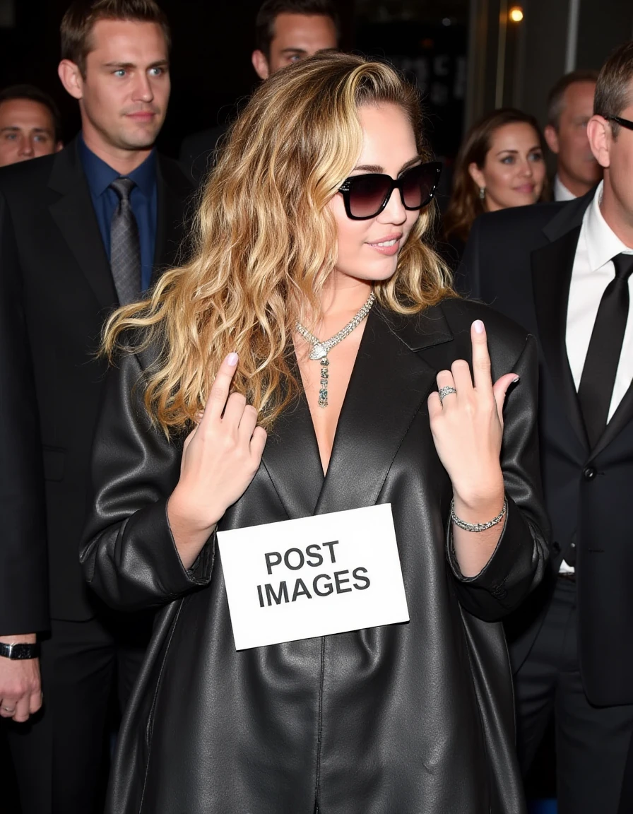Miley Cyrus holding a sign that says - SeaArt AI