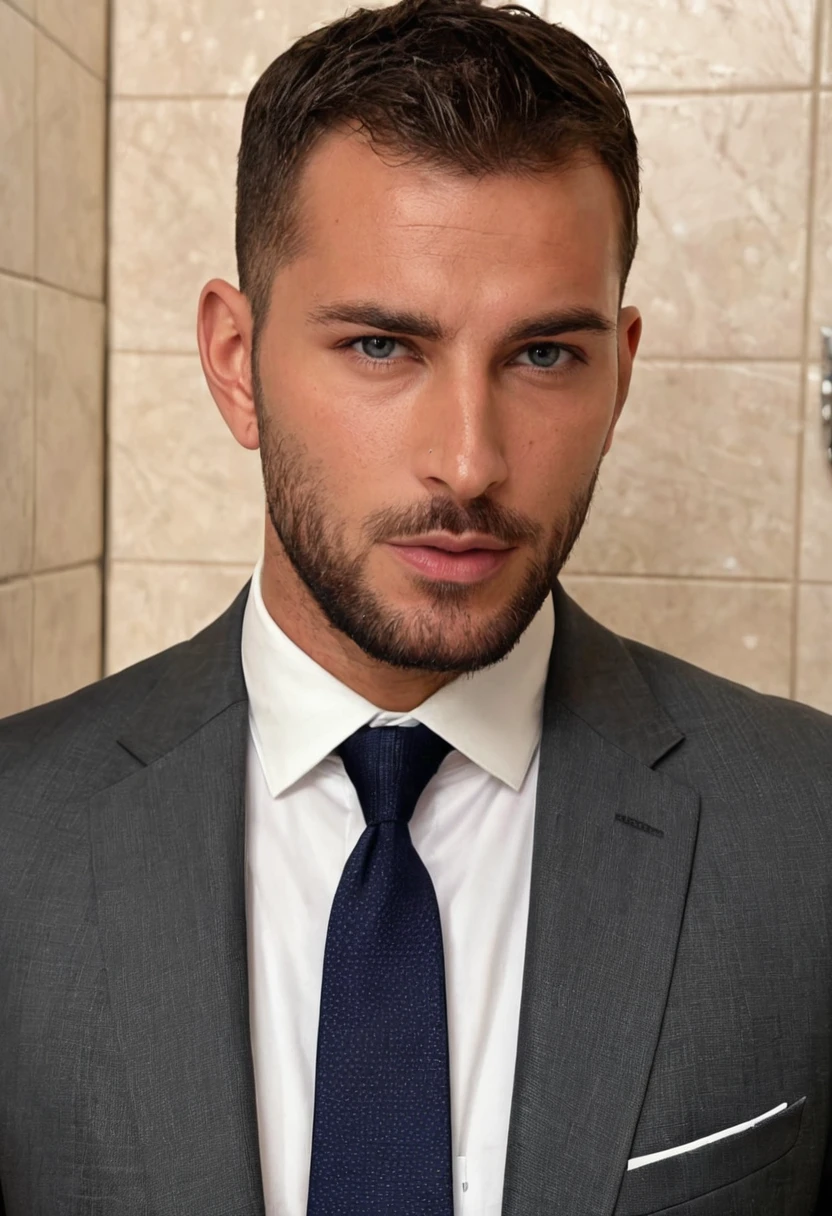 Photo of a man,,m4r10, facial hair, wearing a suit, in a bathroom ...