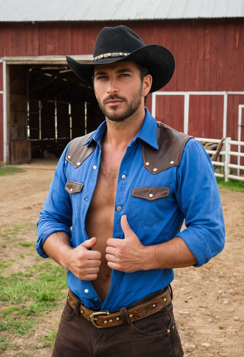 Photo of a man,,m4r10, facial hair, wearing a cowboy outfit, at a farm ...
