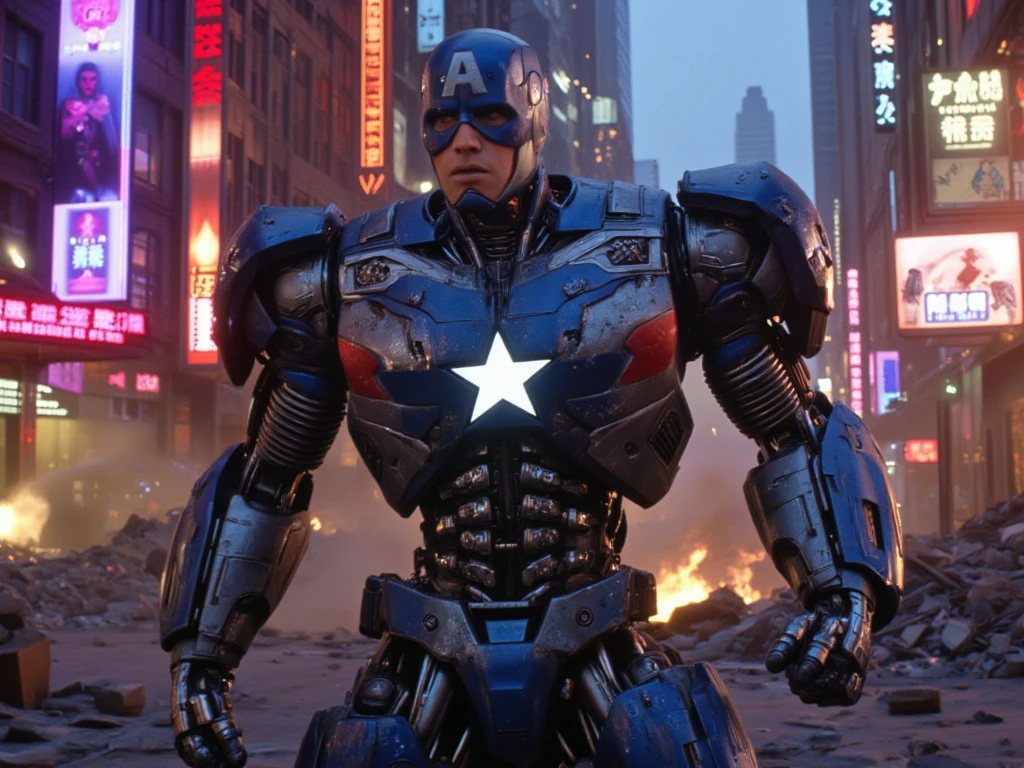 Screenshot from an 80s sci-fi movie of ( Captain America ), - SeaArt AI