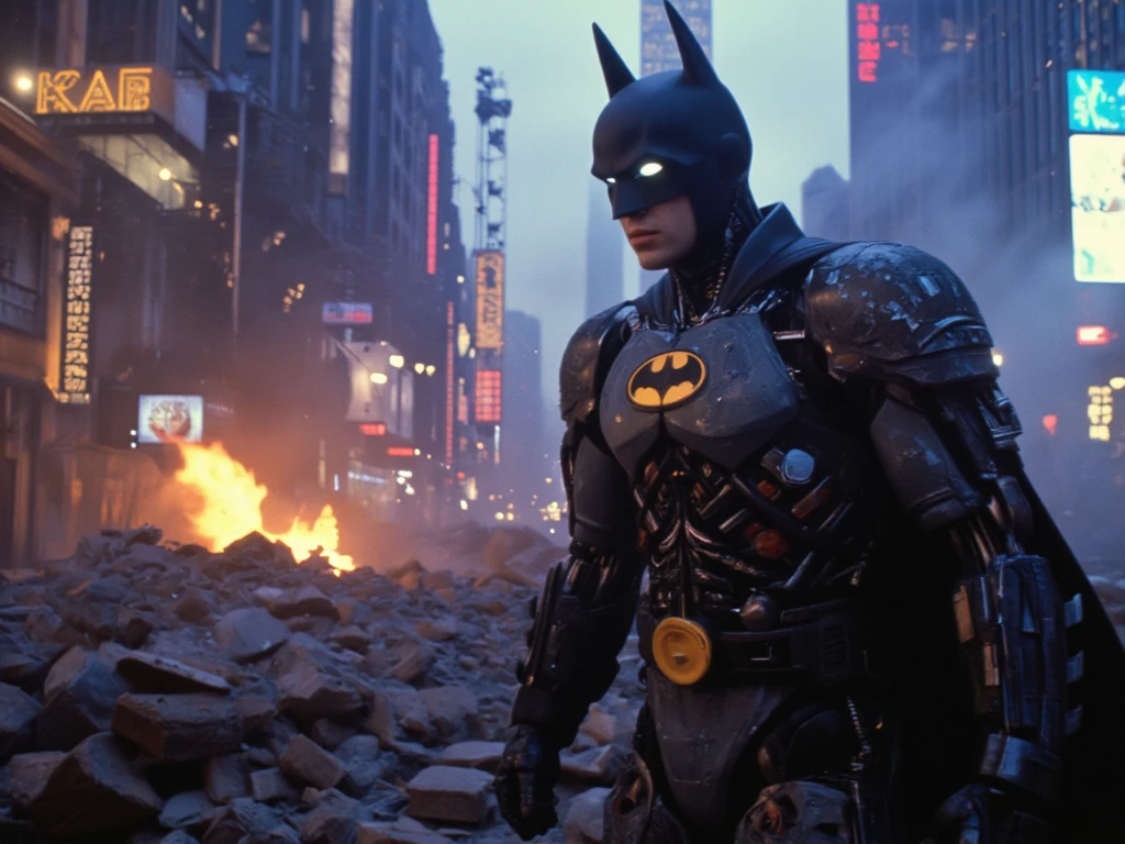 Screenshot from an 80s sci-fi movie of ( Batman), (BATTLE SCENE ...