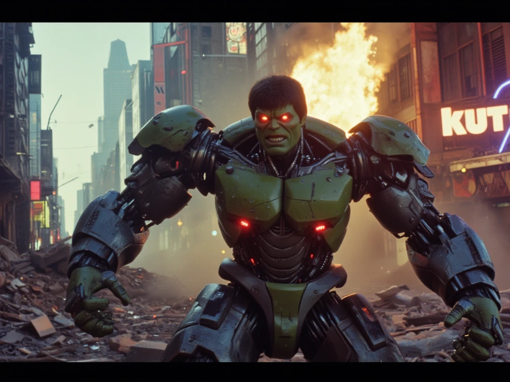 Screenshot from an 80s sci-fi movie of (the Hulk), (BATTLE SCENE ...