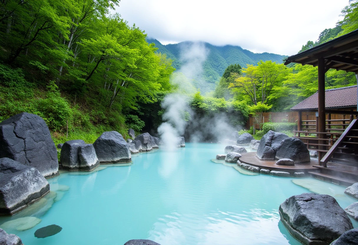A photo of an outdoor onsen (Japanese hot spring) with clear blue water ...