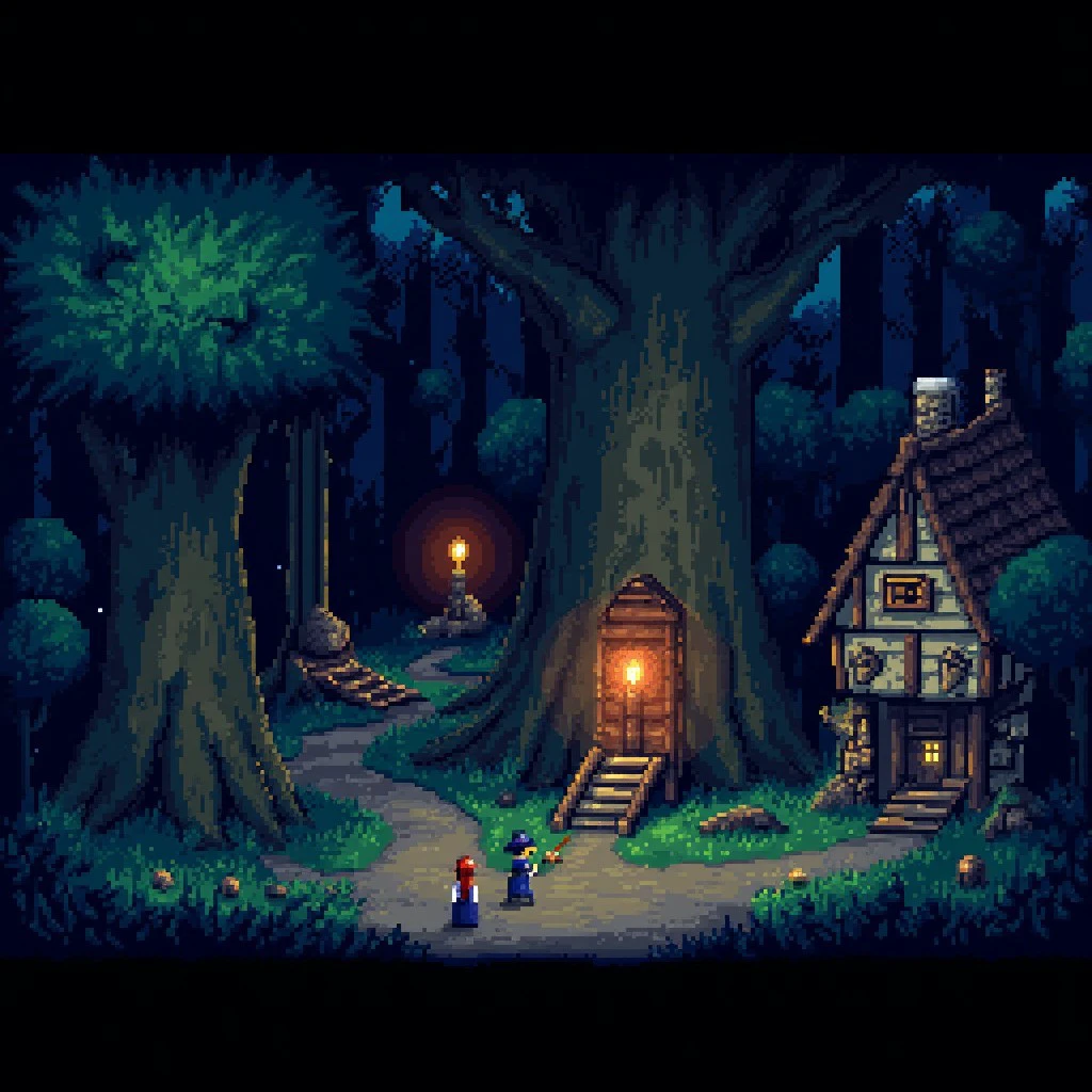 Pixel art, side perspective, 2d side scroller game, forest town with underground - SeaArt AI