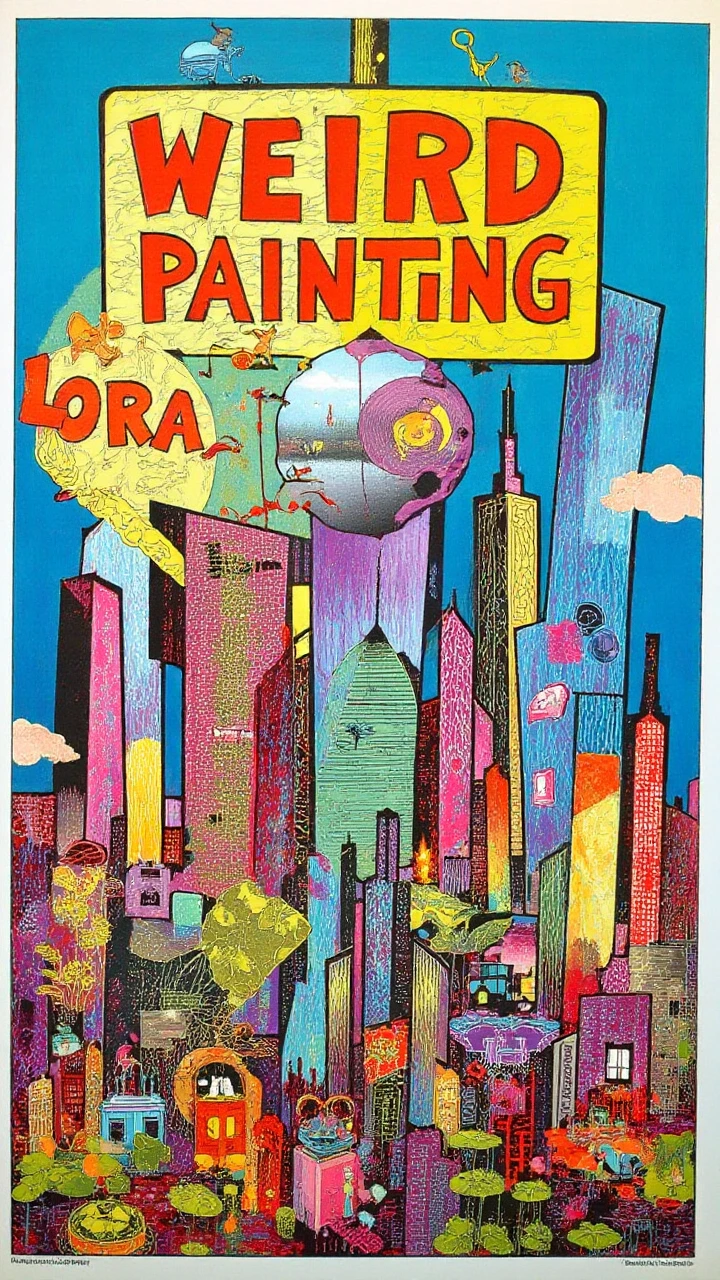 A sign on top with Text:"Weird Painting Lora", painting, landscape of a ...