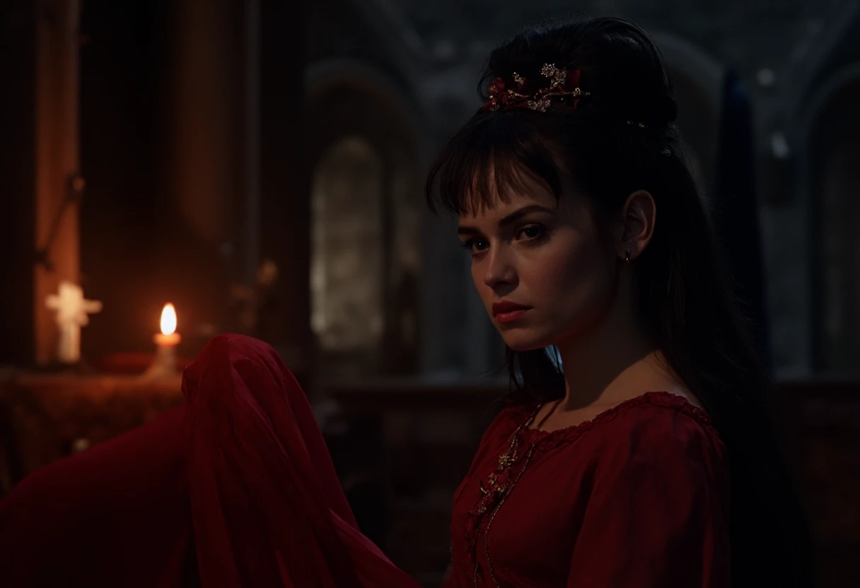 Cinematic close-up face of a 20 y.o. aristocrat woman in a red dress ...