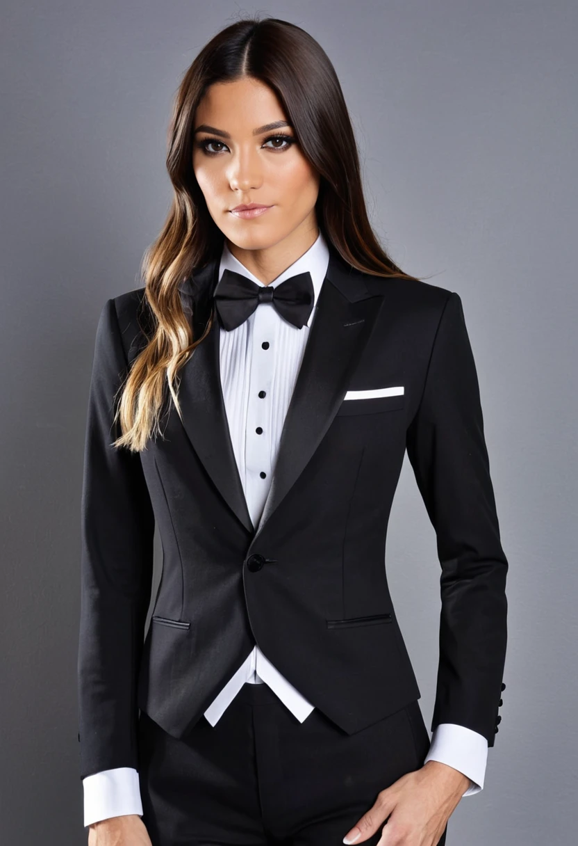 Half body photo of a woman,c4rp3, wearing a tuxedo