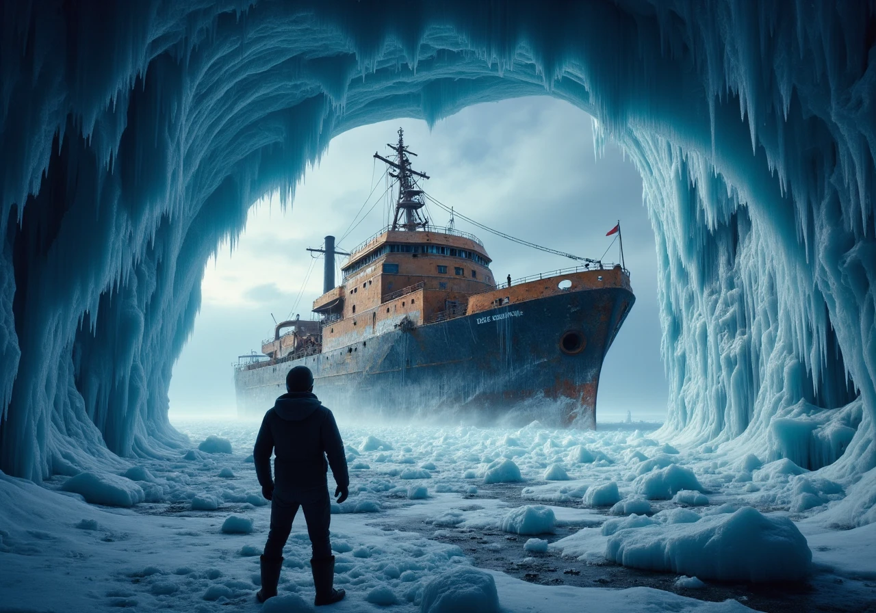 Escimo gazes up at a colossal icebreaker ship that is captured in ice ...