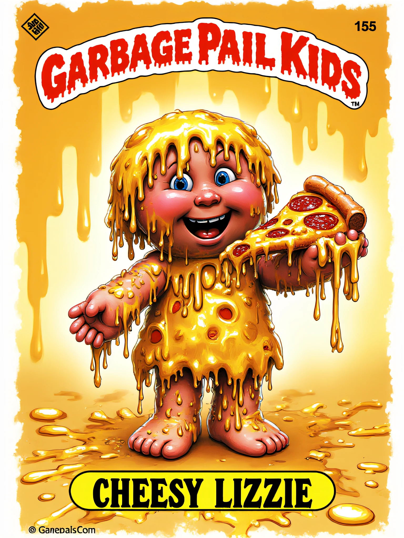 A cartoon picture of Garbage Pail Kids named "CHEESY LIZZIE. - SeaArt AI
