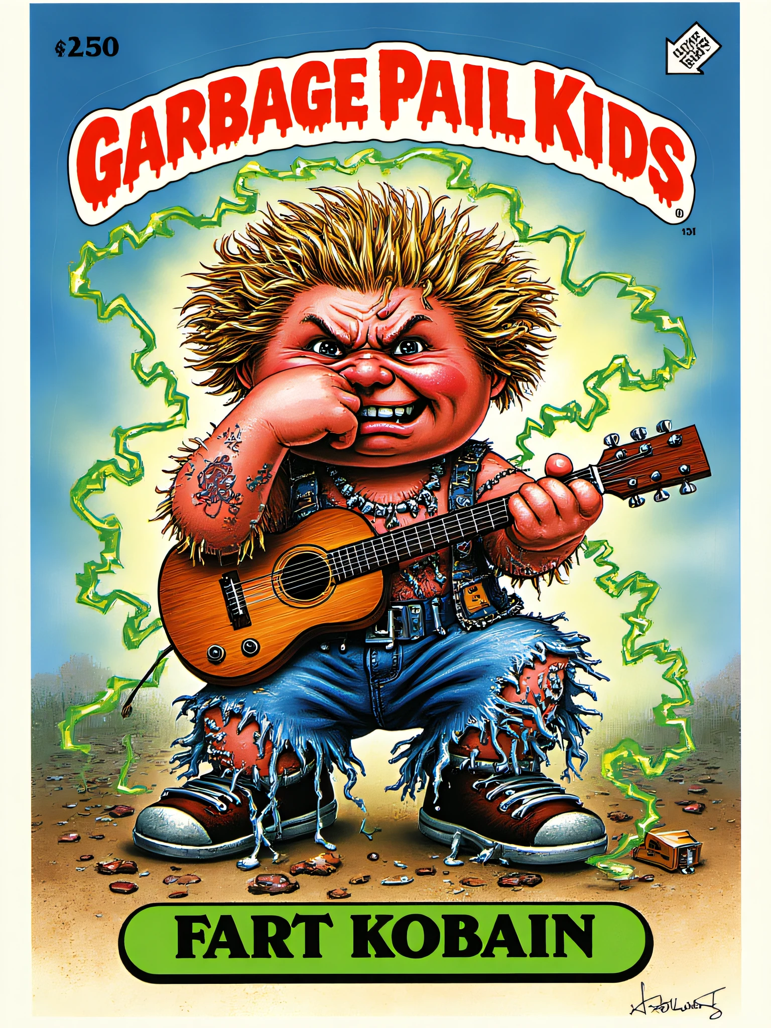 A cartoon picture of Garbage Pail Kids named "FART KOBAIN." He is ...