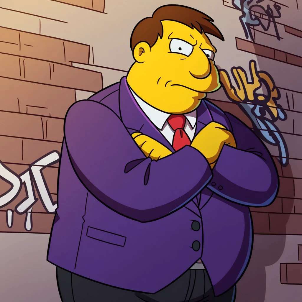 Joe Quimby, brown hair, solo, yellow skin, fat, male, Purple jacket ...