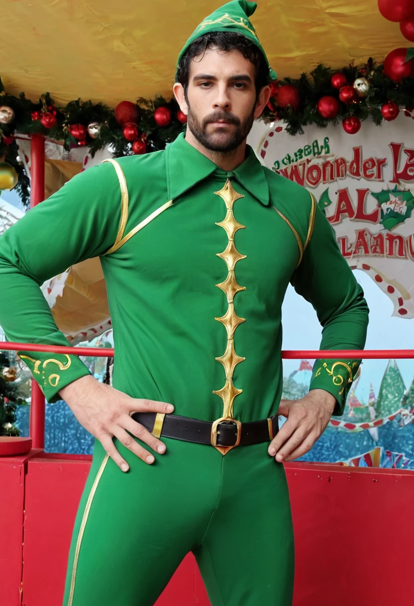 Half body photo of a man,h4s4n, facial hair, wearing an elf suit ...