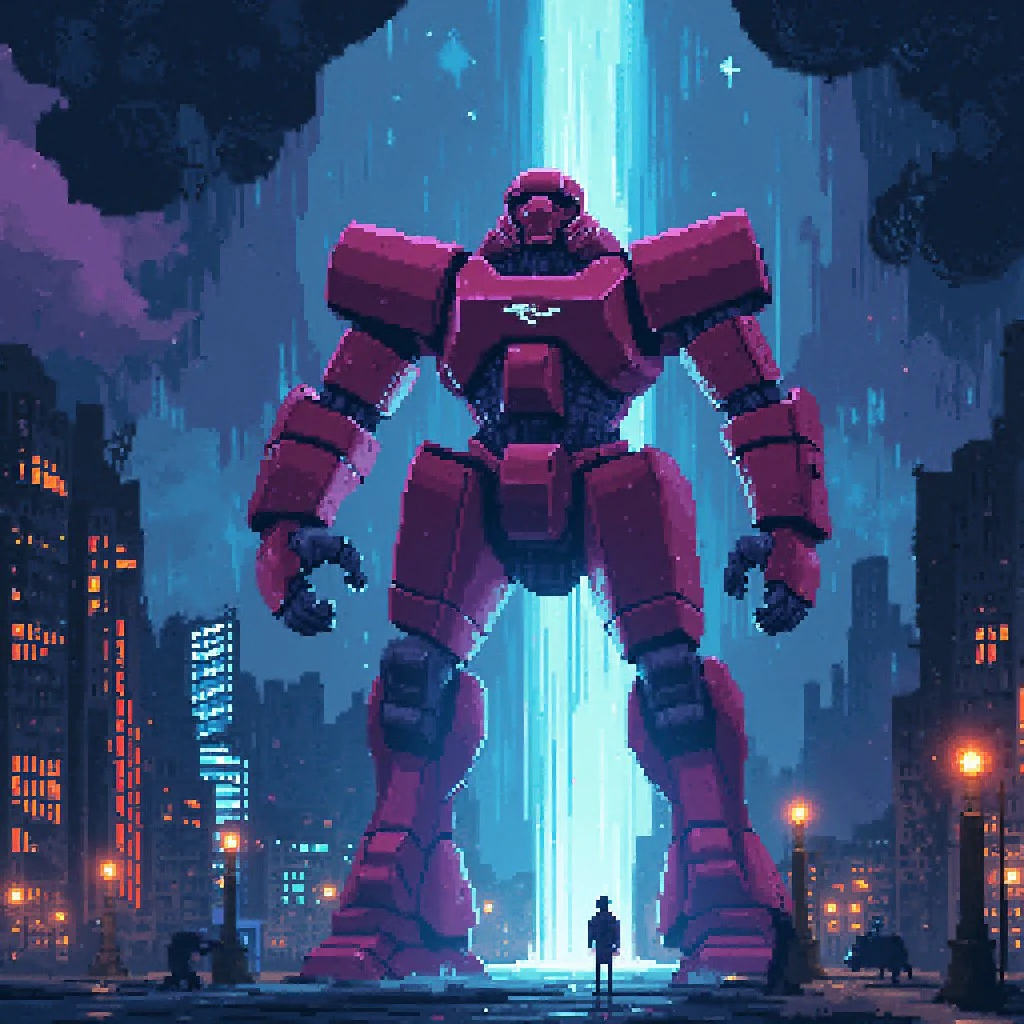 Pixel art, giant robot, scifi scene, neon lights, waterfall ...