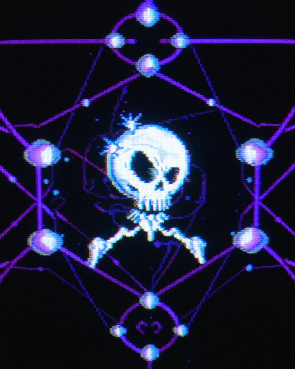 Symmetrical close up shot crt screen displaying pixel art retro game of ...