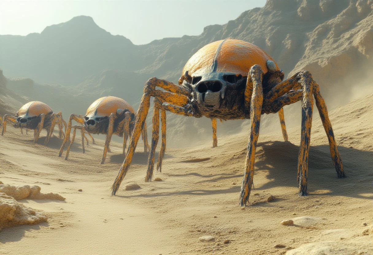 Alienworlds, a barren desert scene with small spider creatures - SeaArt AI