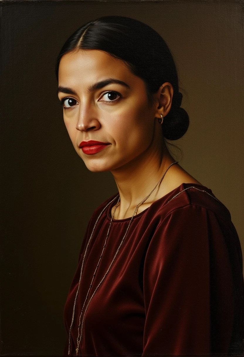 An oil painting of Alexandria Ocasio-Cortez in the style of Rembrandt ...