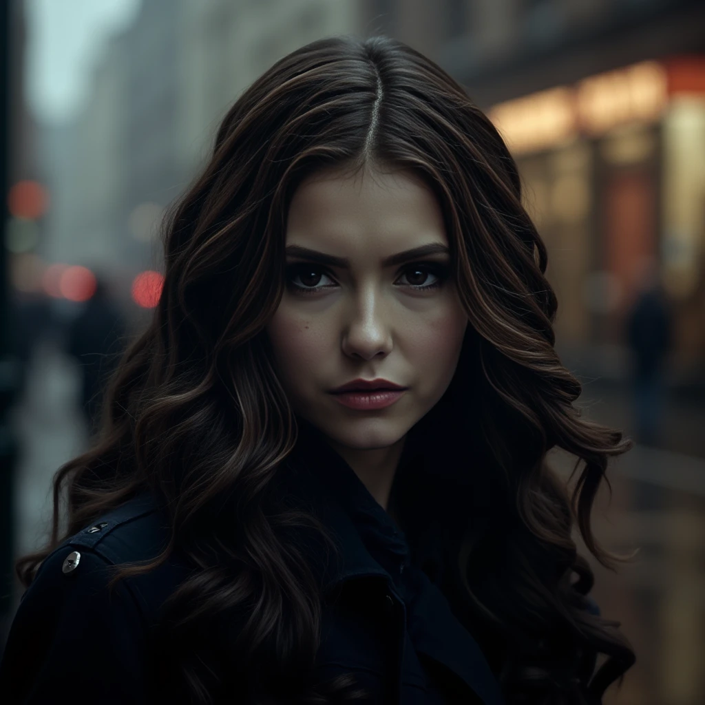 Woman, light makeup, vampire face, coat, raining, street - SeaArt AI