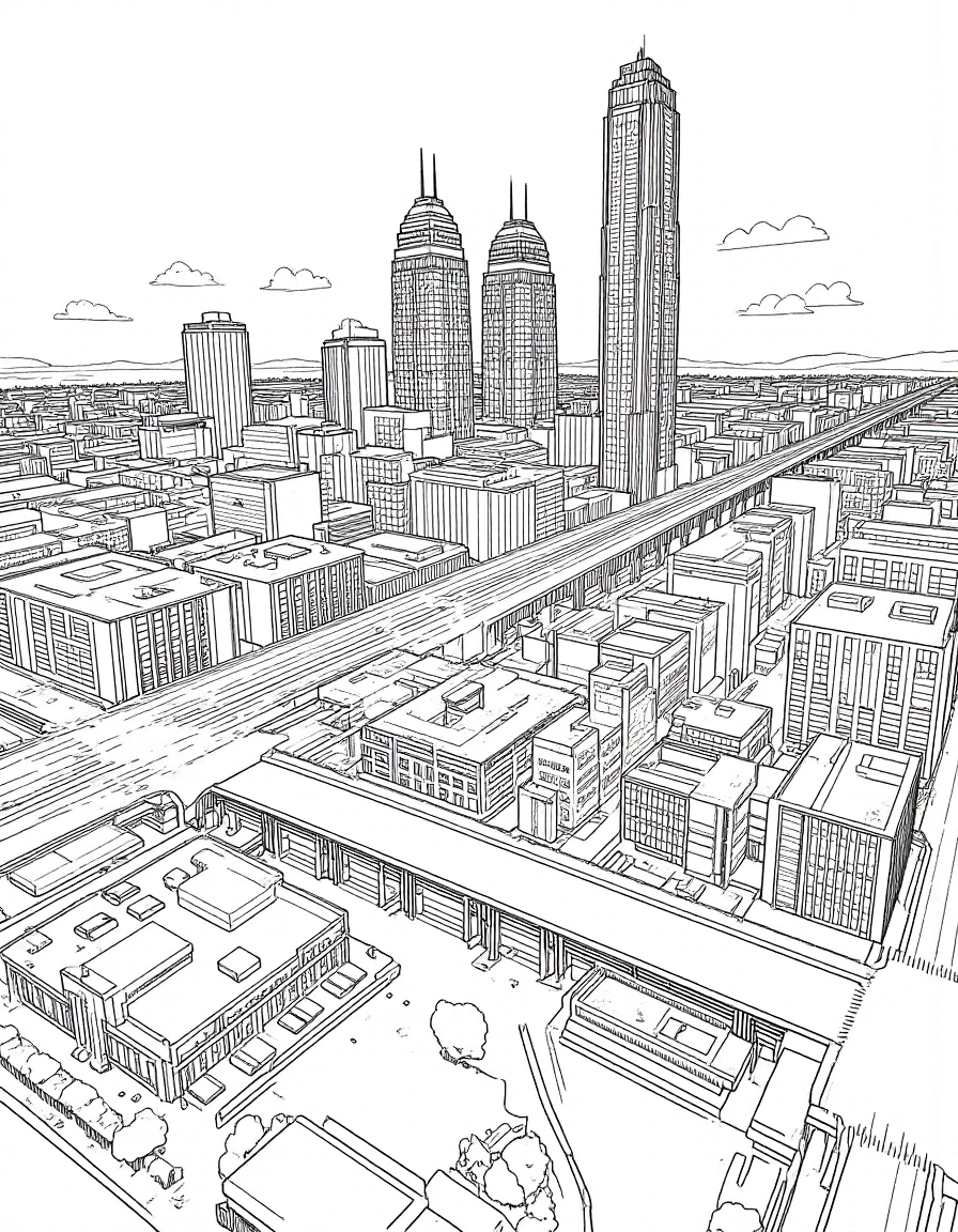 A drawing of a city with a freeway and a bridge - SeaArt AI
