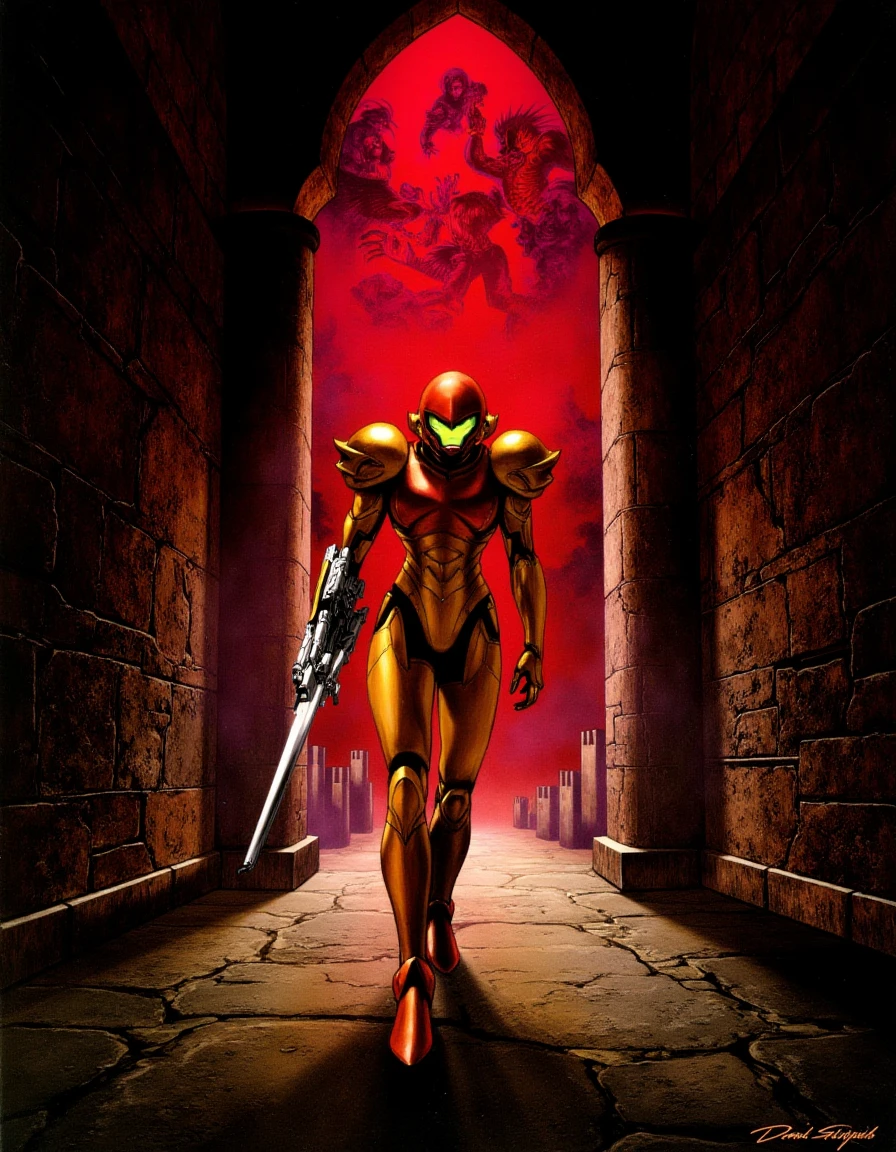 In a dimly lit, Gothic-inspired castle, the formidable figure of Samus ...