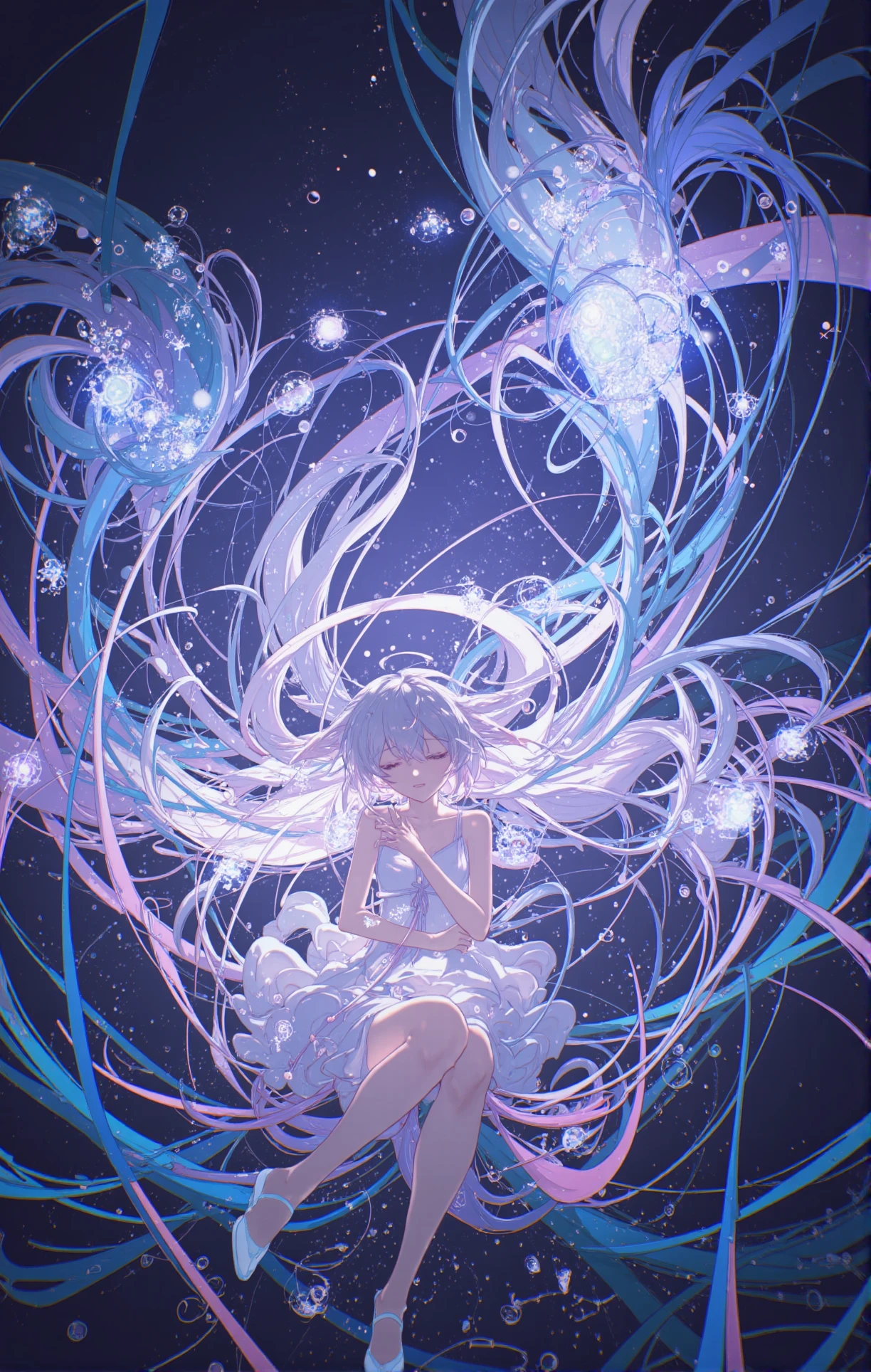 A captivating portrait of Lumi, the fox-girl, sitting amidst a swirling ...