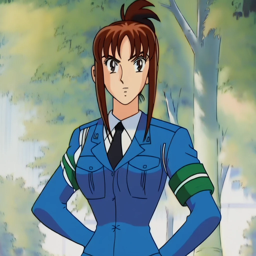 1girl, solo, police uniform, police, uniform, brown hair, policewoman ...