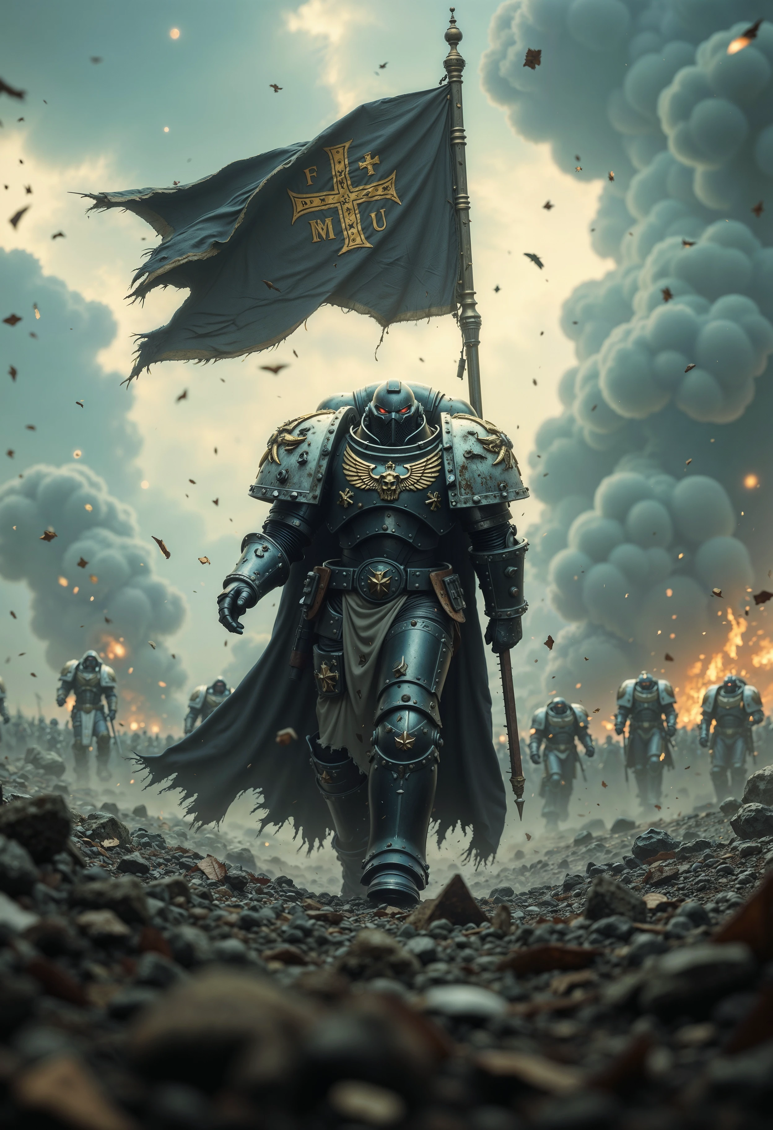 Cinematic film still, low angle, ground up view, BlackT40k walking ...