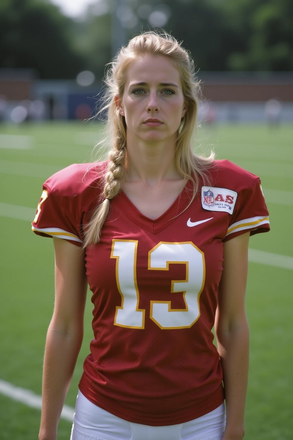 A beautiful woman wearing a football uniform on a football field ...