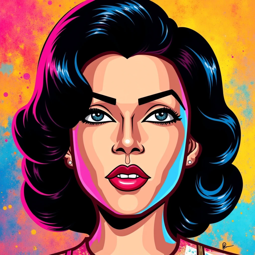 A vibrant pop-art style vector portrait of a woman with bold colors and ...