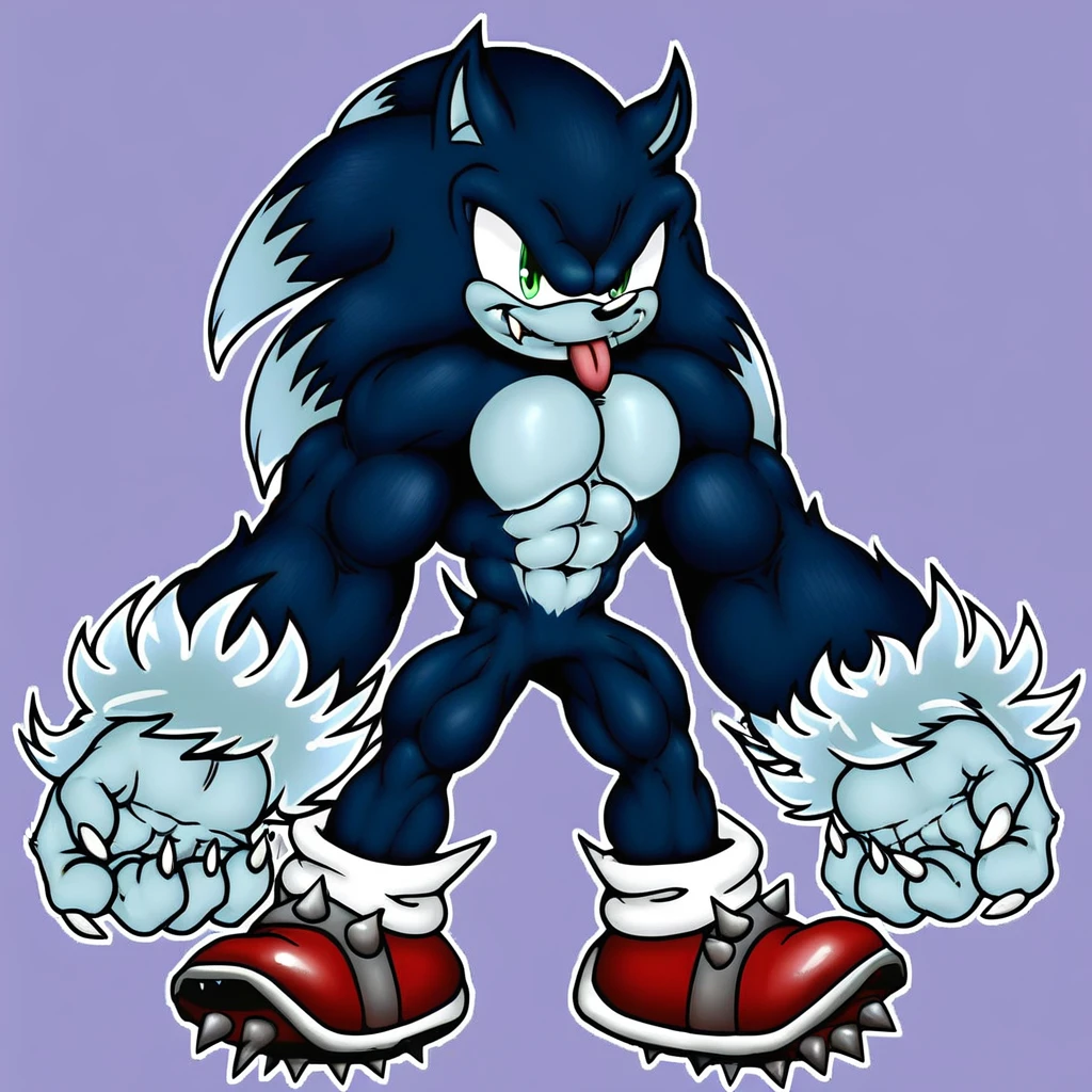 Green eyes, fangs, claws, fur, big eyes, big hands, red sneakers ...