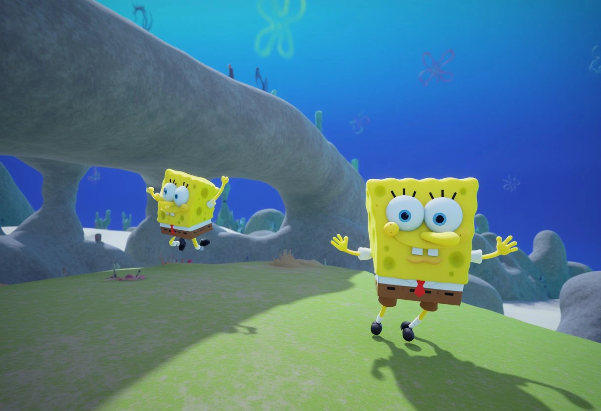 Spongebob, 3D graphics, video game screenshot, low poly, third person ...