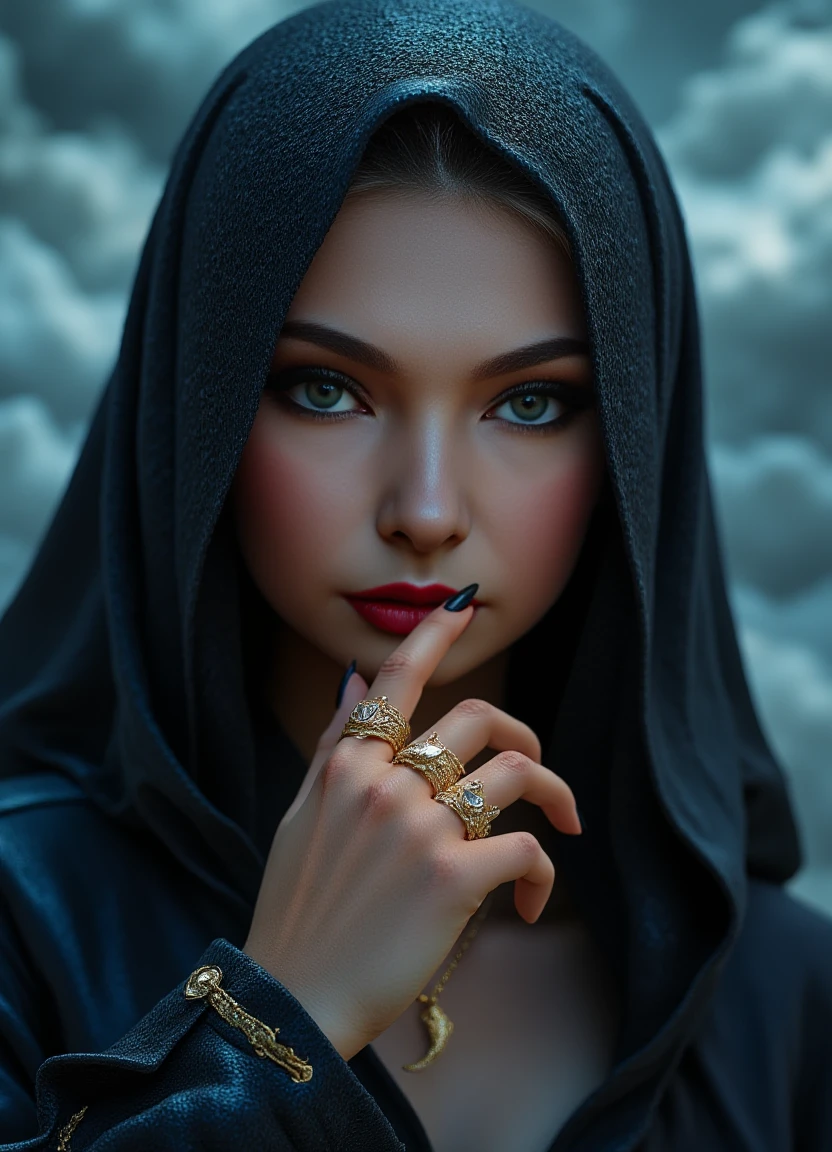 The image captures a mysterious seer, her face half-obscured by a ...