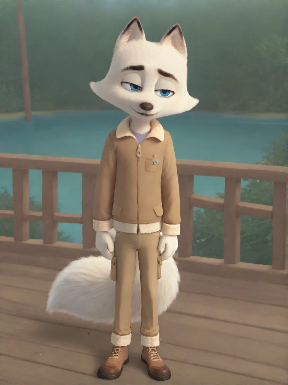 Swifty, fox, full body, outside, tuboat, jungle, river, metal railing - SeaArt AI