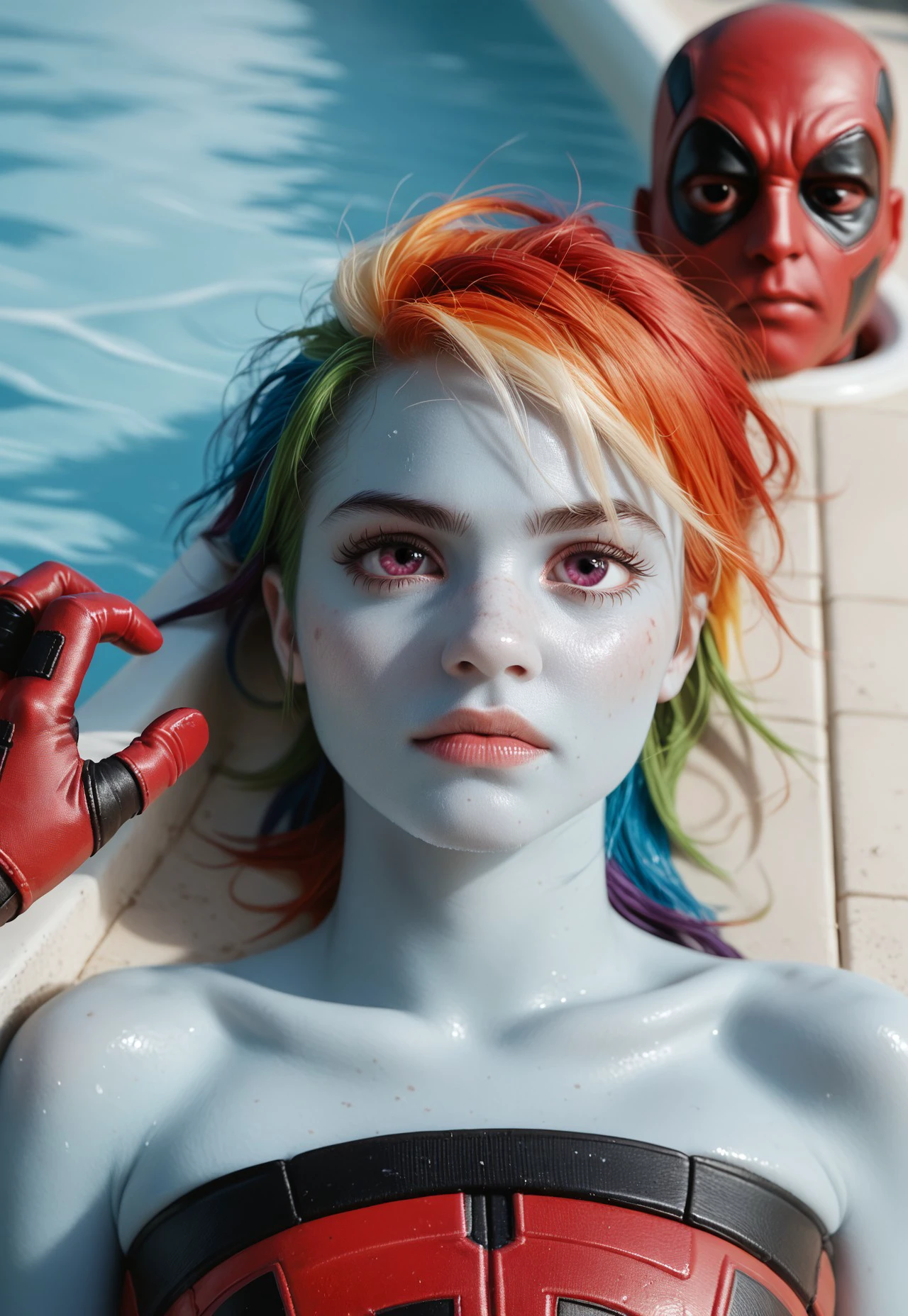 B3c4n3 style, deadpool laying face down in a swimming pool, source ...