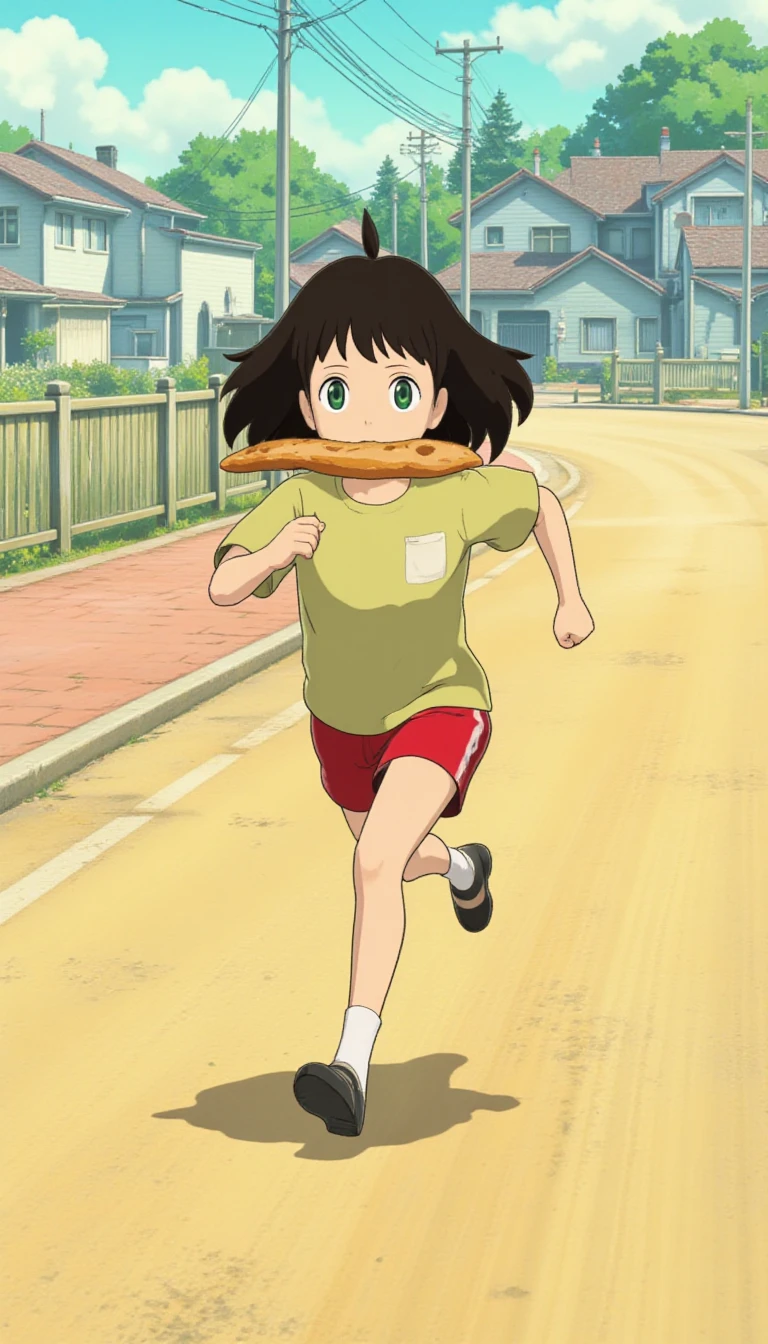 Girl running with bread in mouth, comical illustration,ANYA - SeaArt AI