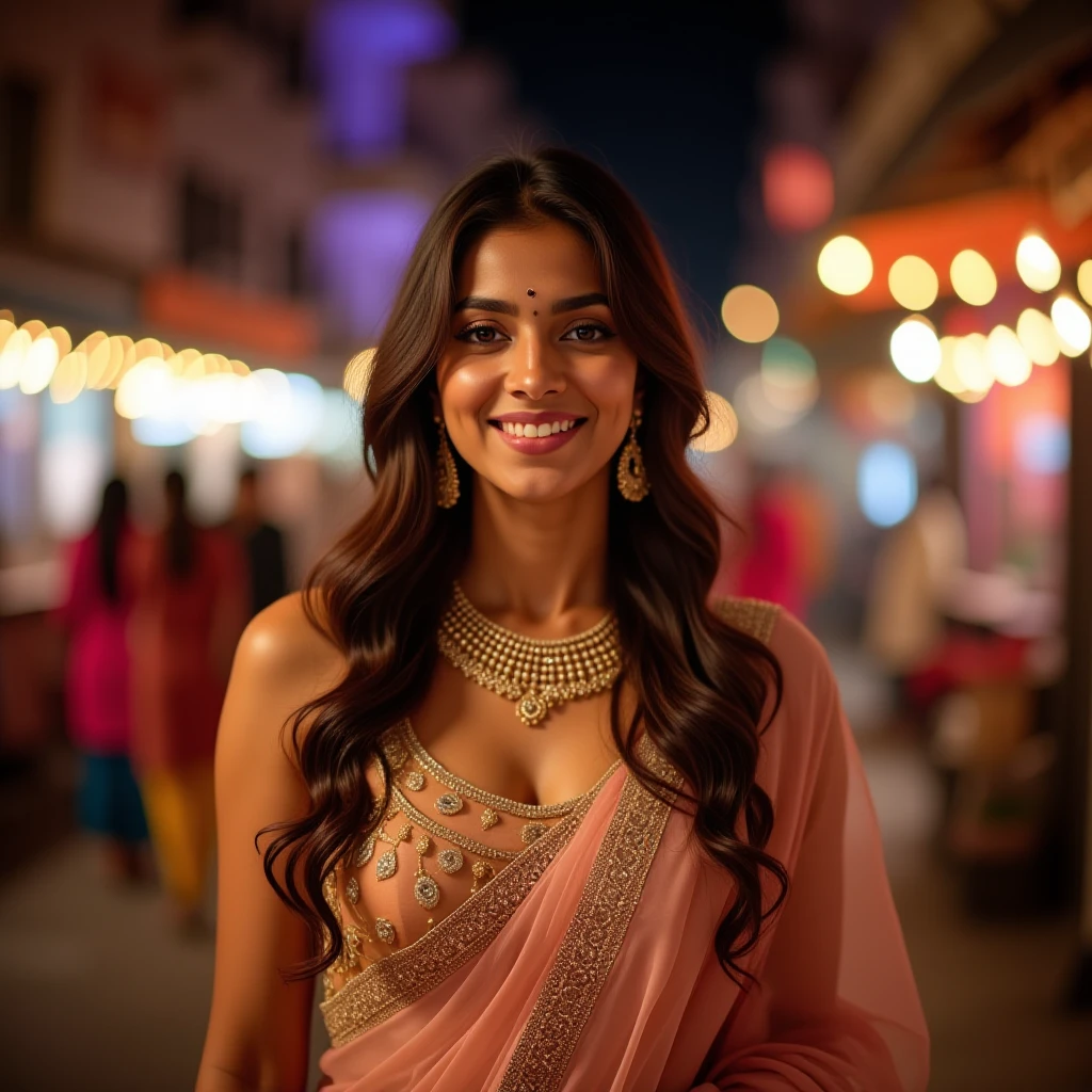Nightime photo of a desilatte lady, wearing a light colored Rajasthani ...