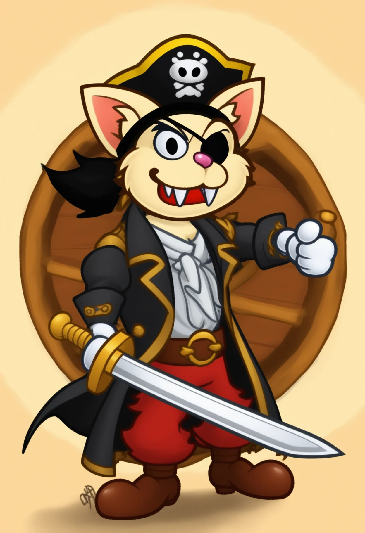 Papermariostyle, solo, 1boy, pirate captain, cat, solo, anthro - SeaArt AI