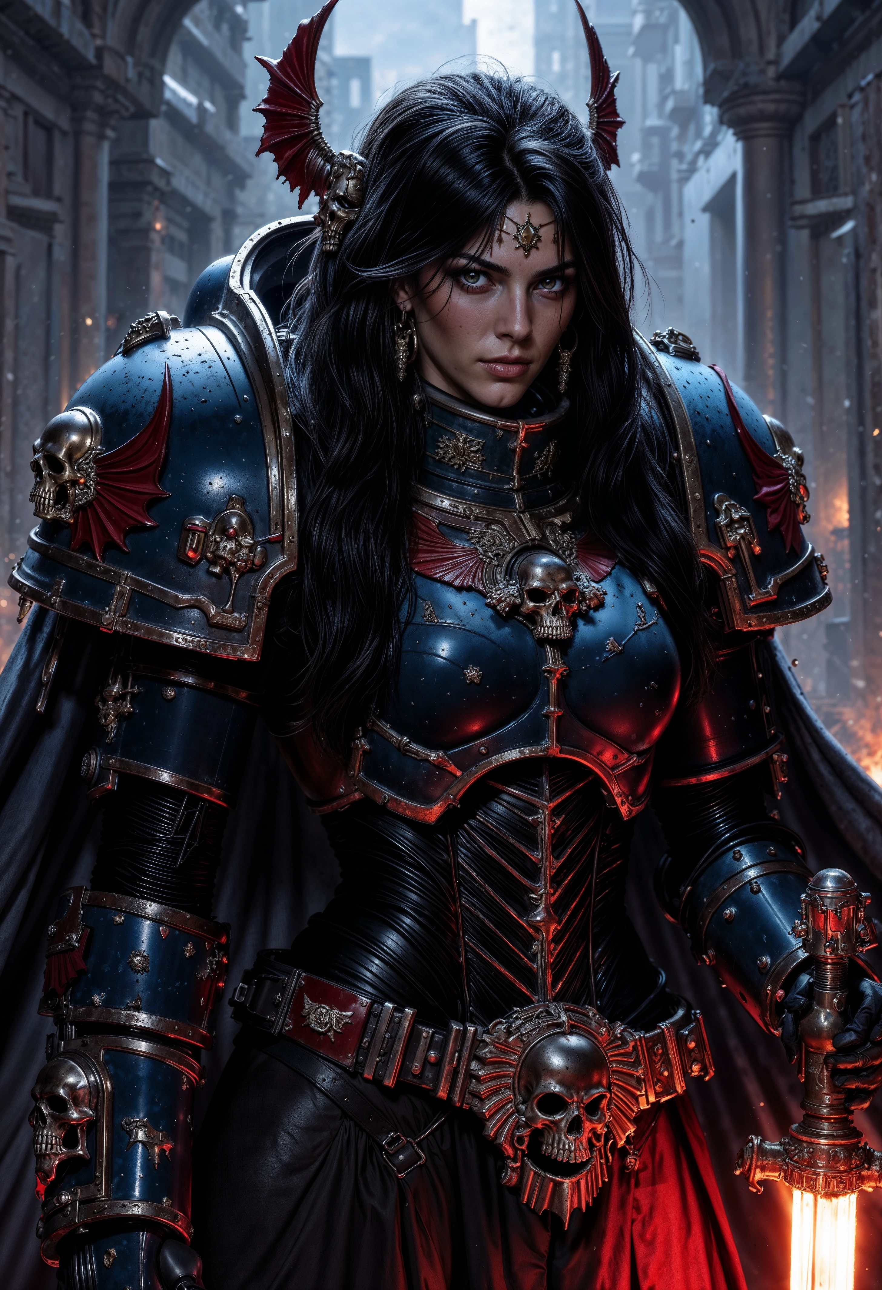 NightL40K, female space marine wearing a chined power armor with a hood ...