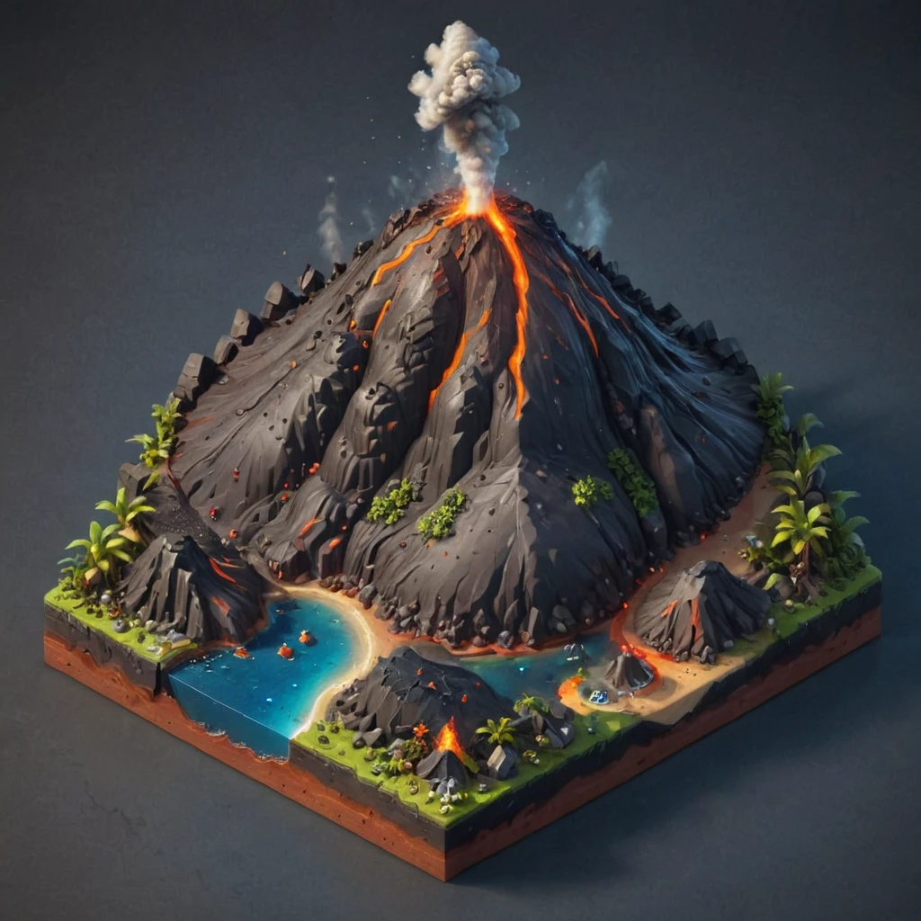 Isometric volcanic island with a smoking volcano and lava flow - SeaArt AI