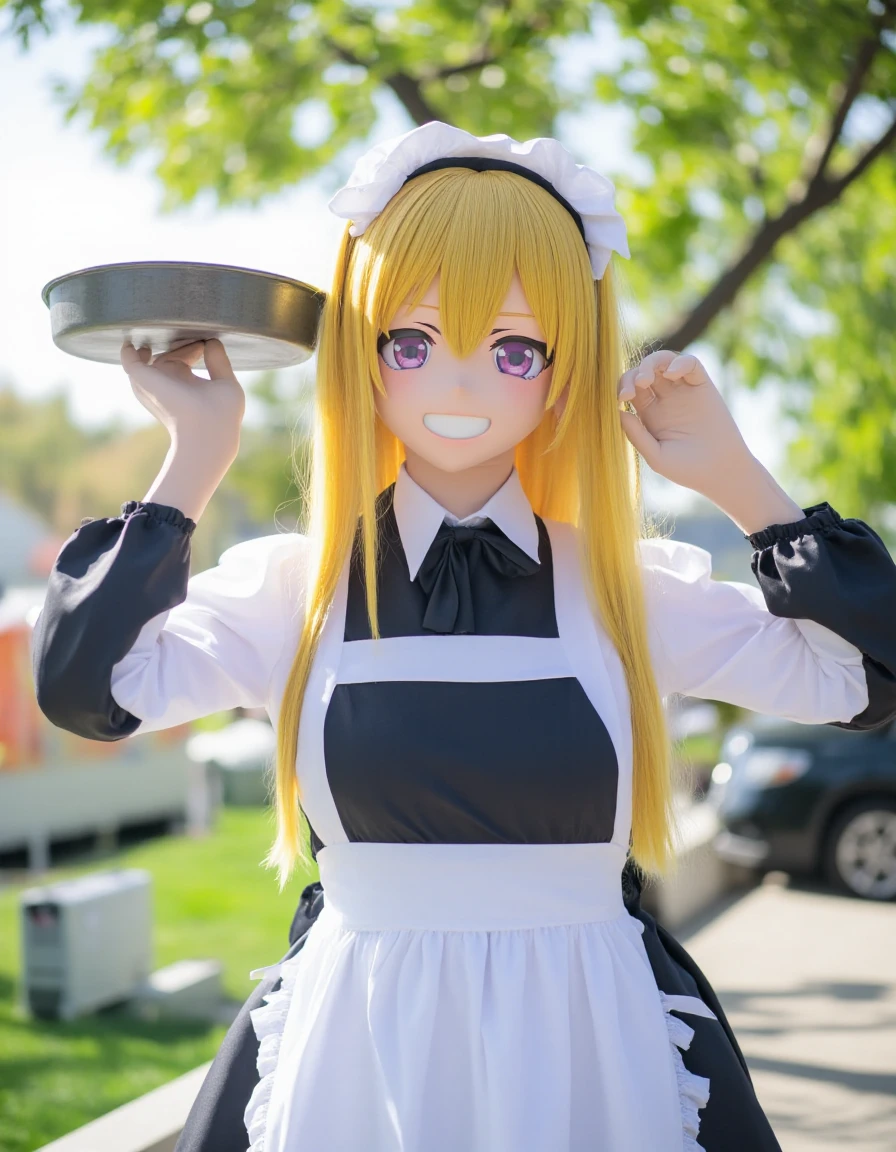 1girl, long hair, maid, grin, hands up, looking at viewer, smile ...