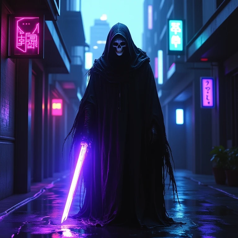 This digital artwork, rendered in a dark, neon-lit cyberpunk style ...
