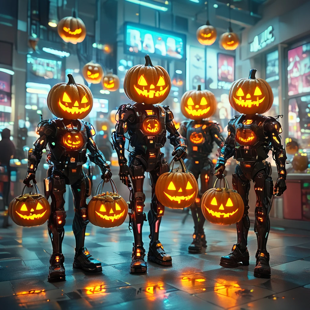 Score_9,score_8_up,score_7_up, robots, trio, wearing pumpkin heads ...