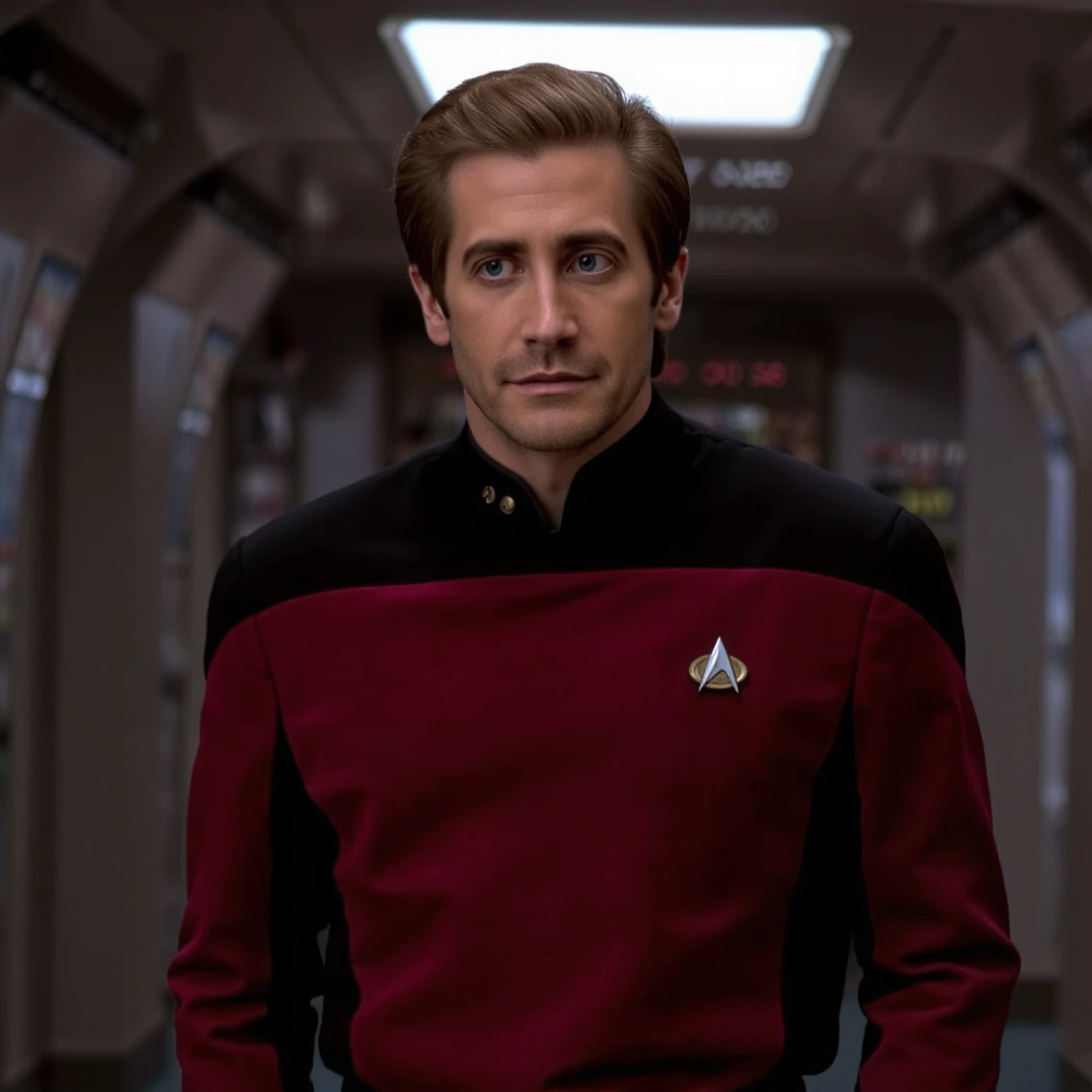 Jake Gyllenhaal is wearing a red TNG jacket, standing in the corridor ...