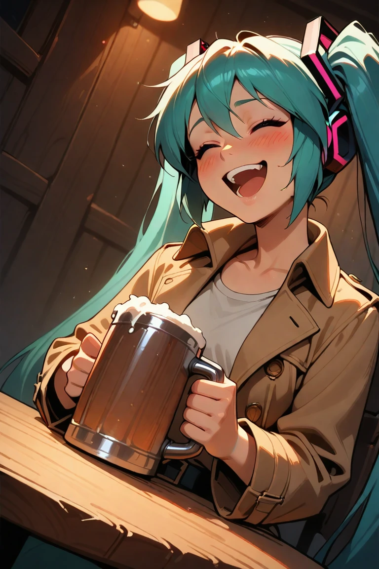 1girl, solo, hatsune miku, trench coat, holding beer mug, laughing ...