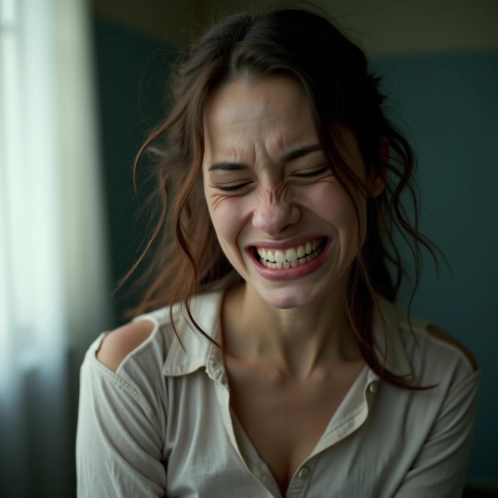 A suffering woman, teeth, random setting, daylight, we can't see her ...